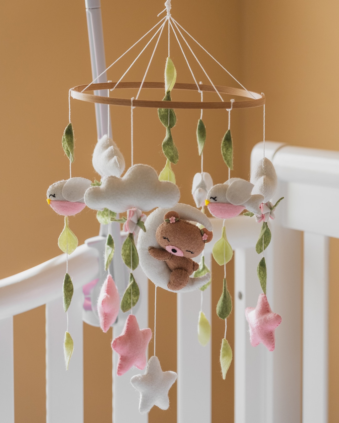 Neutral Mobile for Crib, Felt Ball Mobile, Bear Crib Mobile, Bear Baby ...