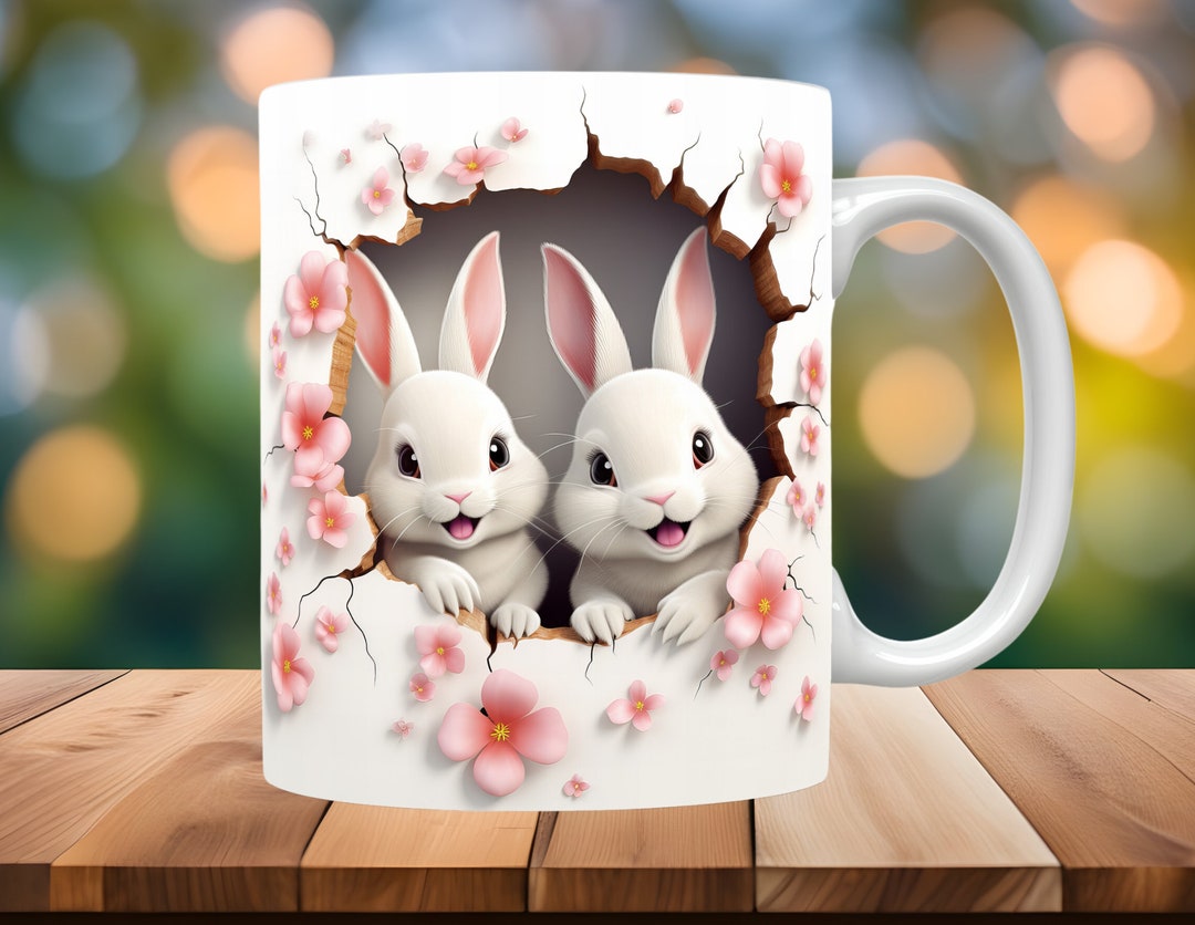 3D Easter Bunny Rabbits in Crack Wall Hole Mug Wrap, 11oz and 15oz Mug ...