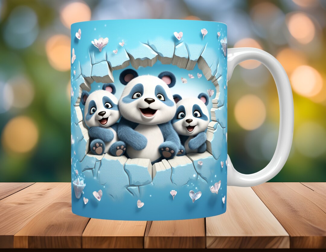 3D Cute Pandas in Blue Wall Hole Mug Wrap, 11oz and 15oz Kids Mug ...