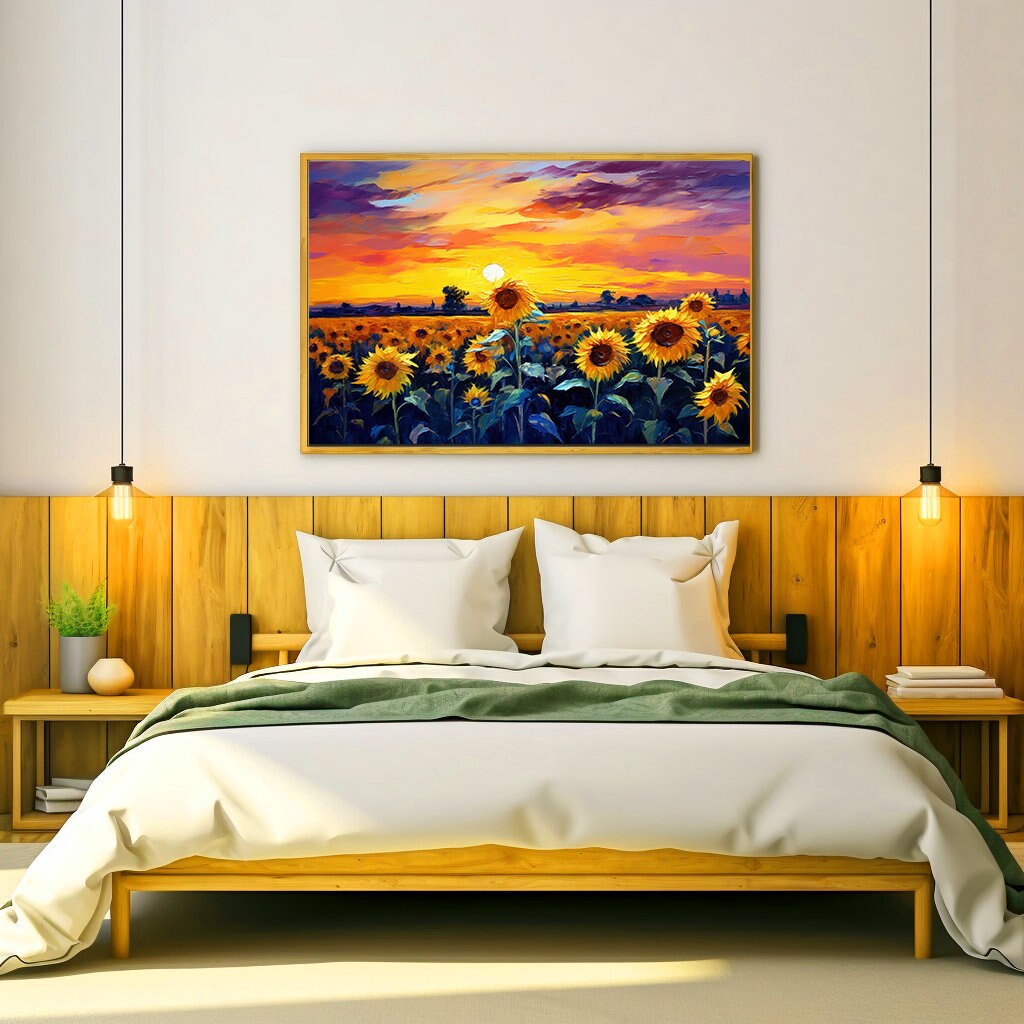 Sunflower Delight, Sunflowers Field at Sunrise, Sunflower Field Oil Painting Countryside Oil ...