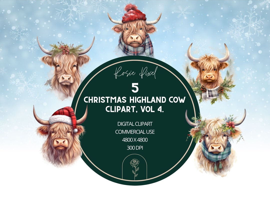 Watercolor Highland Cow Christmas Clipart Set Vol 4., 5 Pngs High ...