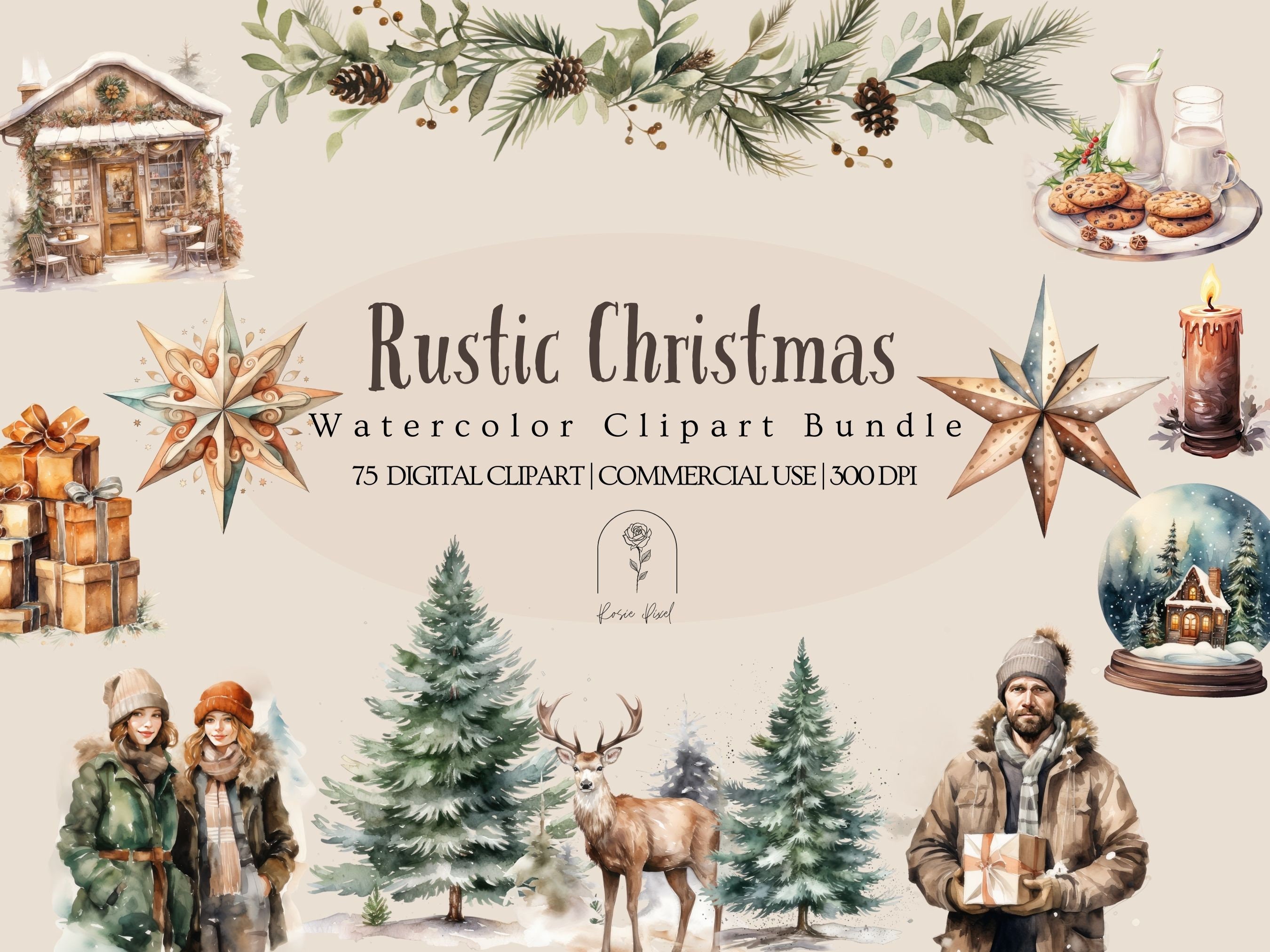 Rustic Christmas Watercolor Clipart Bundle, Rustic Christmas Clipart ...