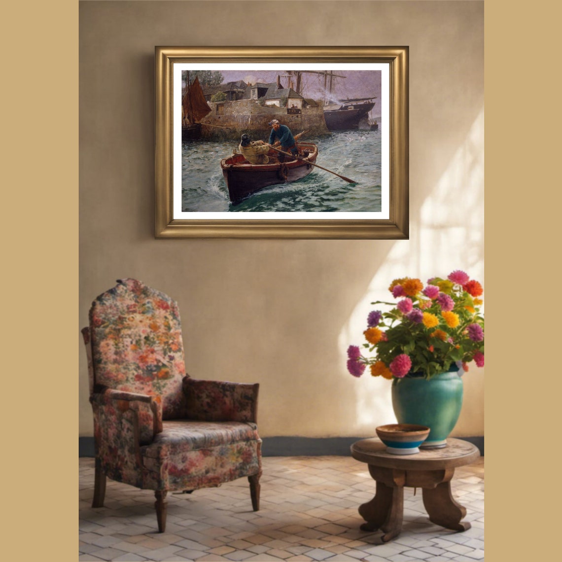 1885 Vintage Oil Painting Portraying Two Sailors in a Rowing Boat ...