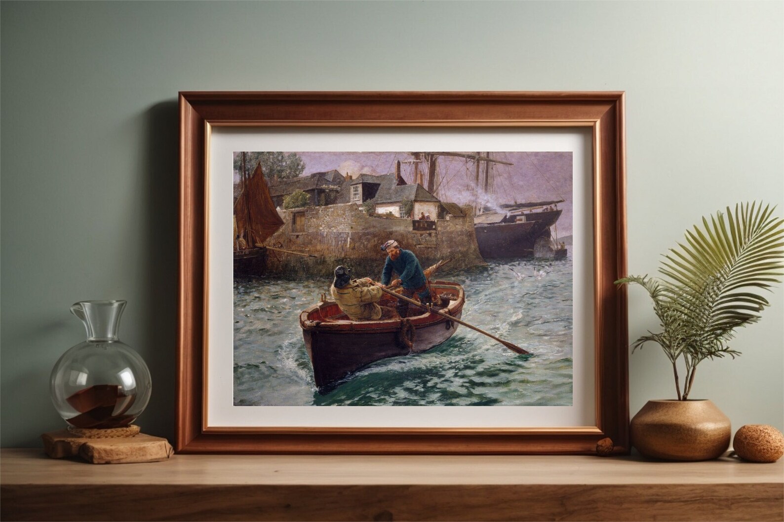 1885 Vintage Oil Painting Portraying Two Sailors in a Rowing Boat ...