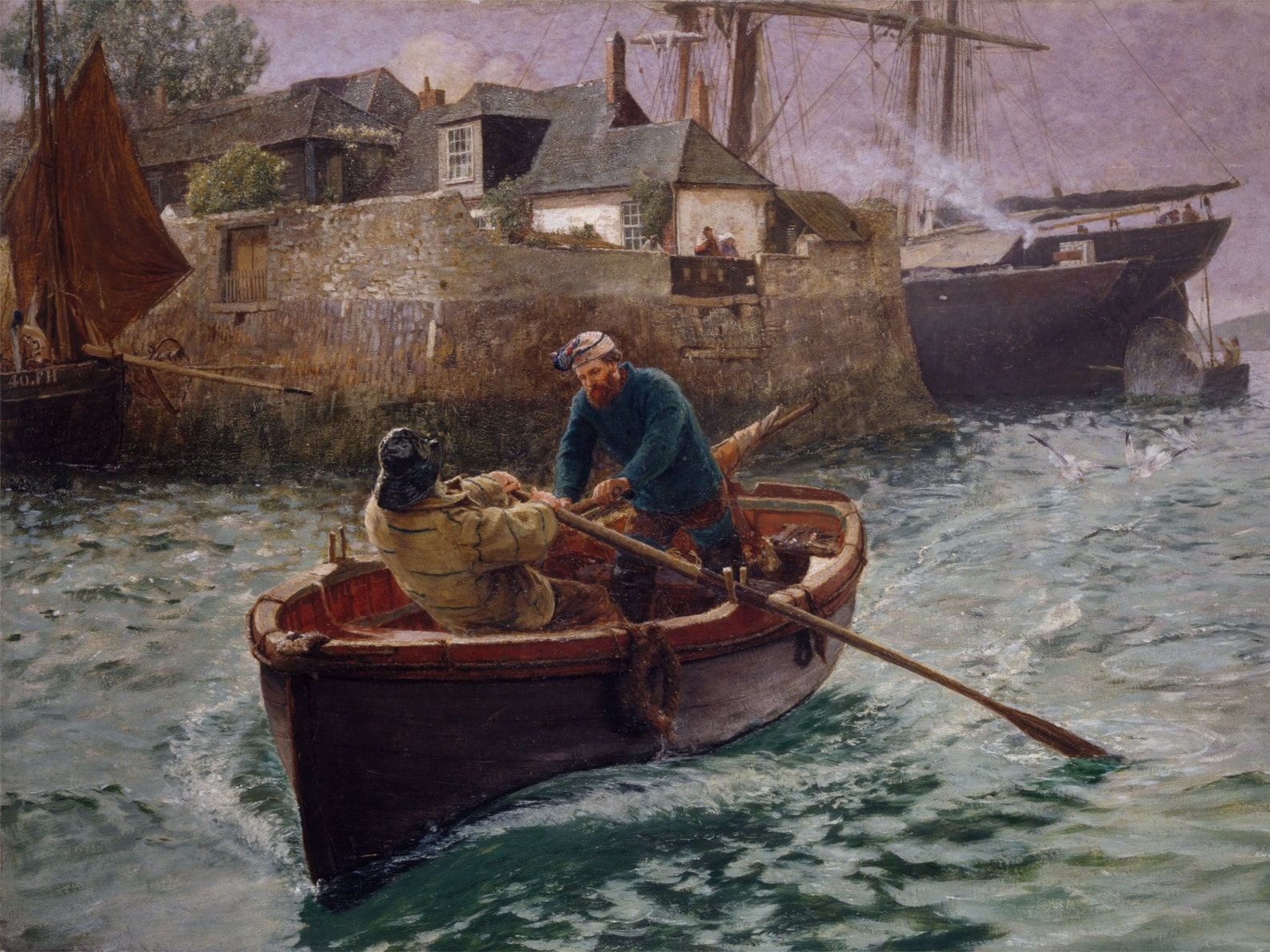 1885 Vintage Oil Painting Portraying Two Sailors in a Rowing Boat ...