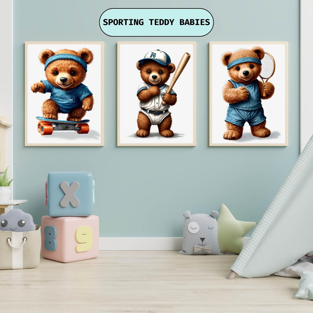 Teddy Bear Sports Print Set, Nursery Wall Art (digital Download) - Etsy