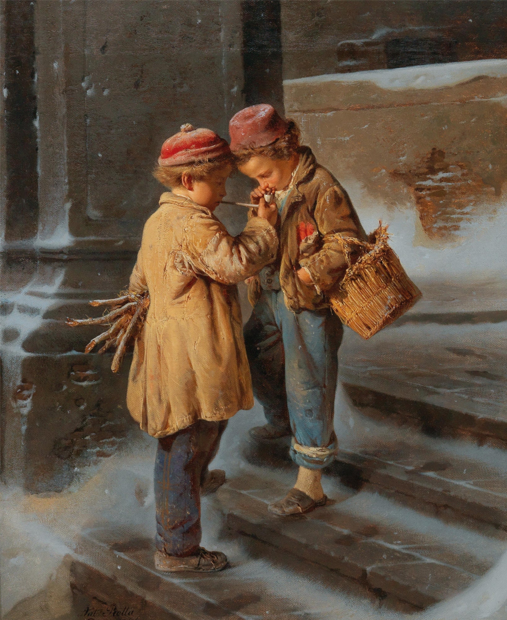 The Young Smokers, Vintage Oil Painting, From 1866, by Artist, Antonio ...