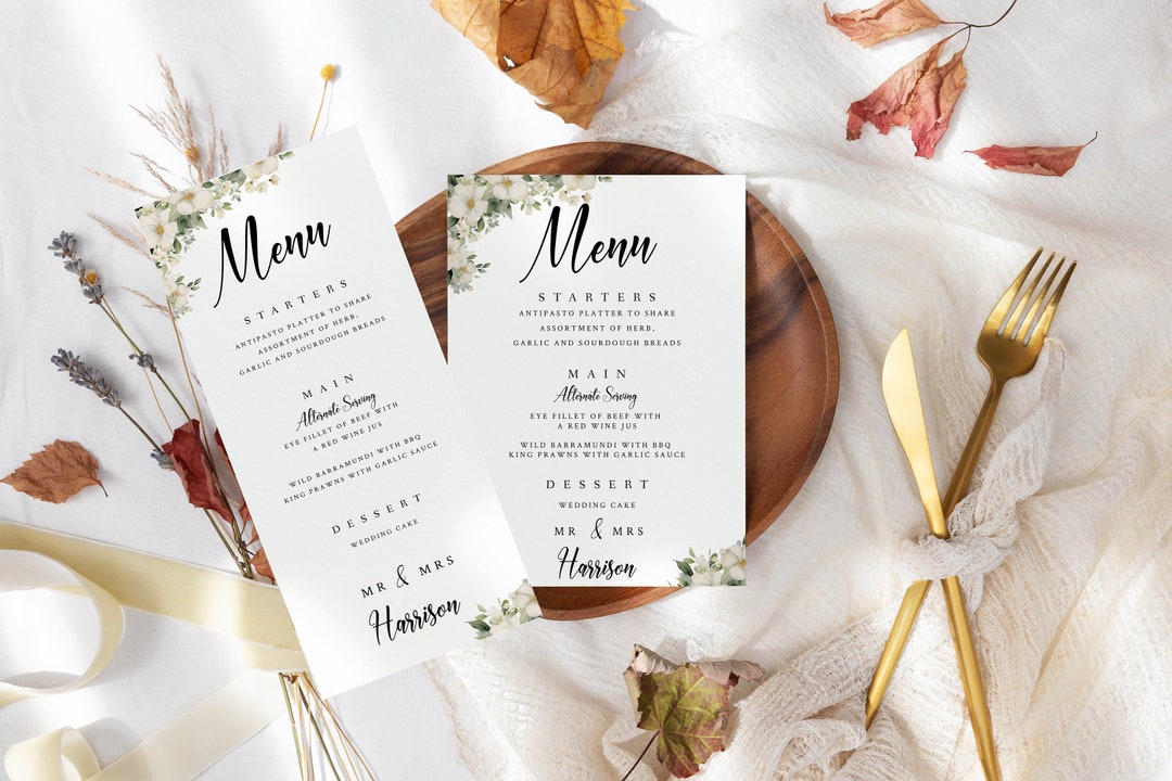 Wedding Menu Template, Menu Cards Wedding, Dinner Menu, White Flowers ...