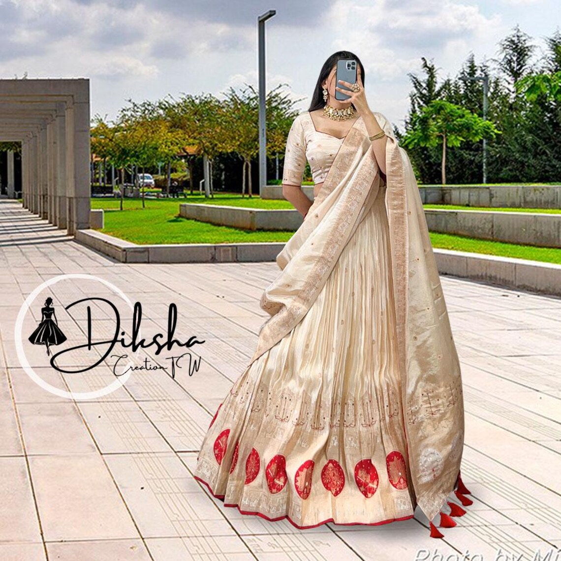 Pure Shimmer With Weaving Work Half Saree Lehenga With Mirror and Beads ...