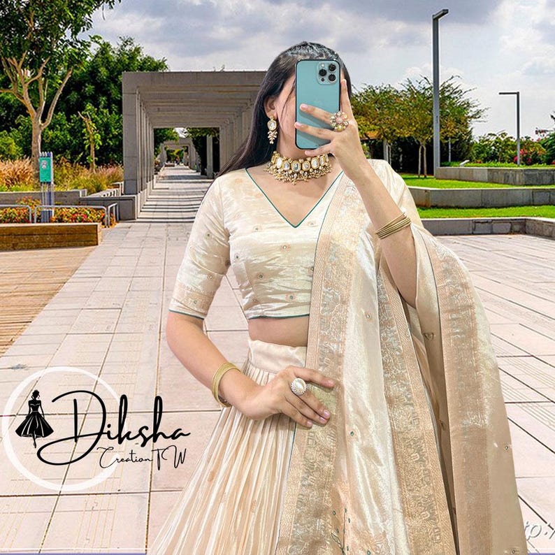 Pure Shimmer With Weaving Work Half Saree Lehenga With Mirror and Beads ...