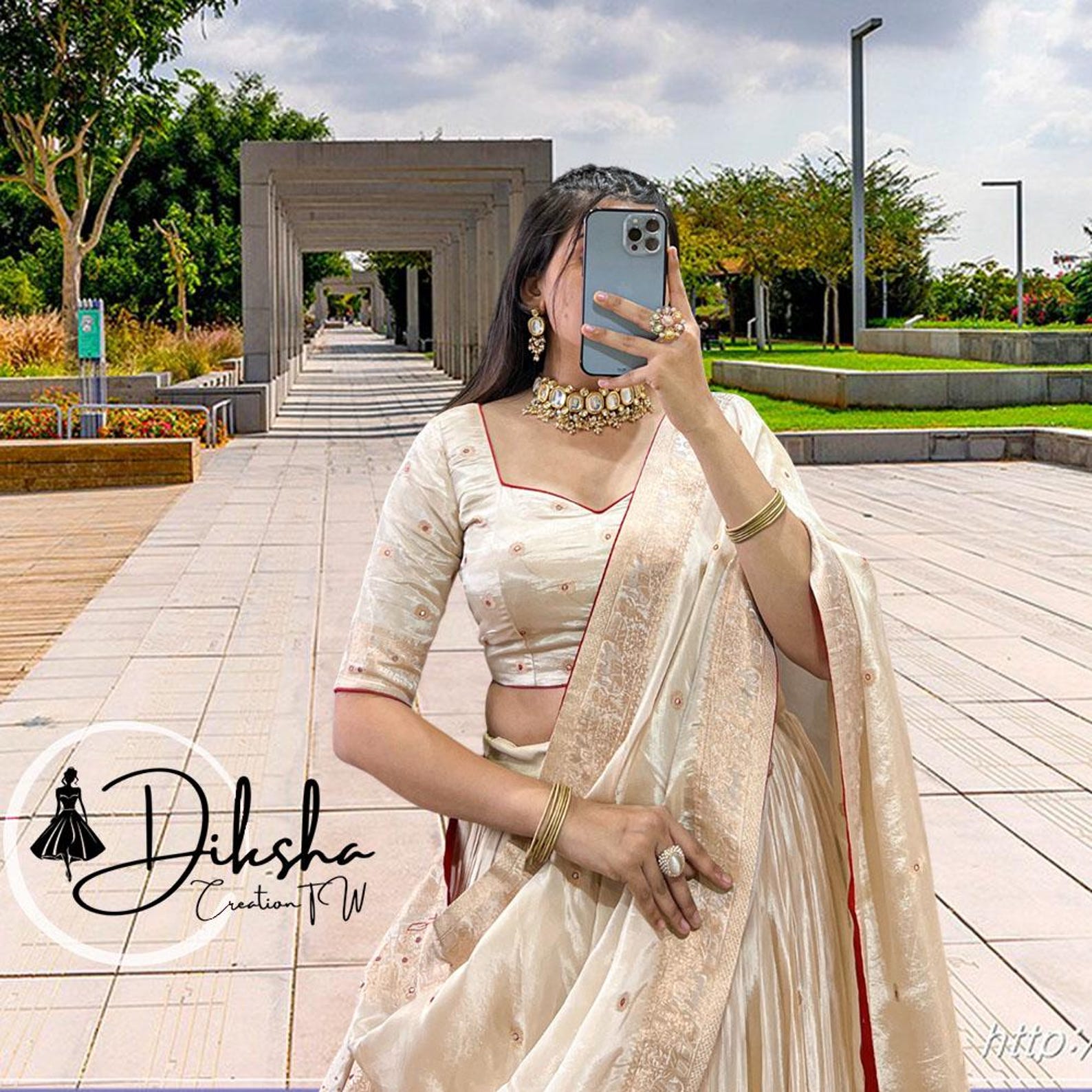 Pure Shimmer With Weaving Work Half Saree Lehenga With Mirror and Beads Moti Hand Work ...