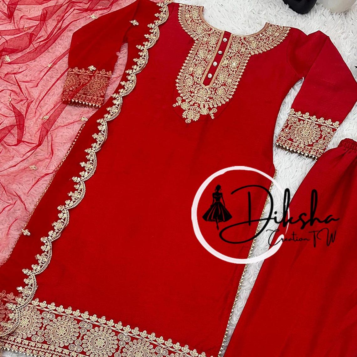 Red Color Embroidered Dress With Long Sleeves, Pakistani 3 Piece Suit ...