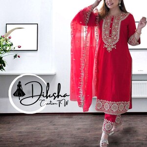 Red Color Embroidered Dress With Long Sleeves, Pakistani 3 Piece Suit ...