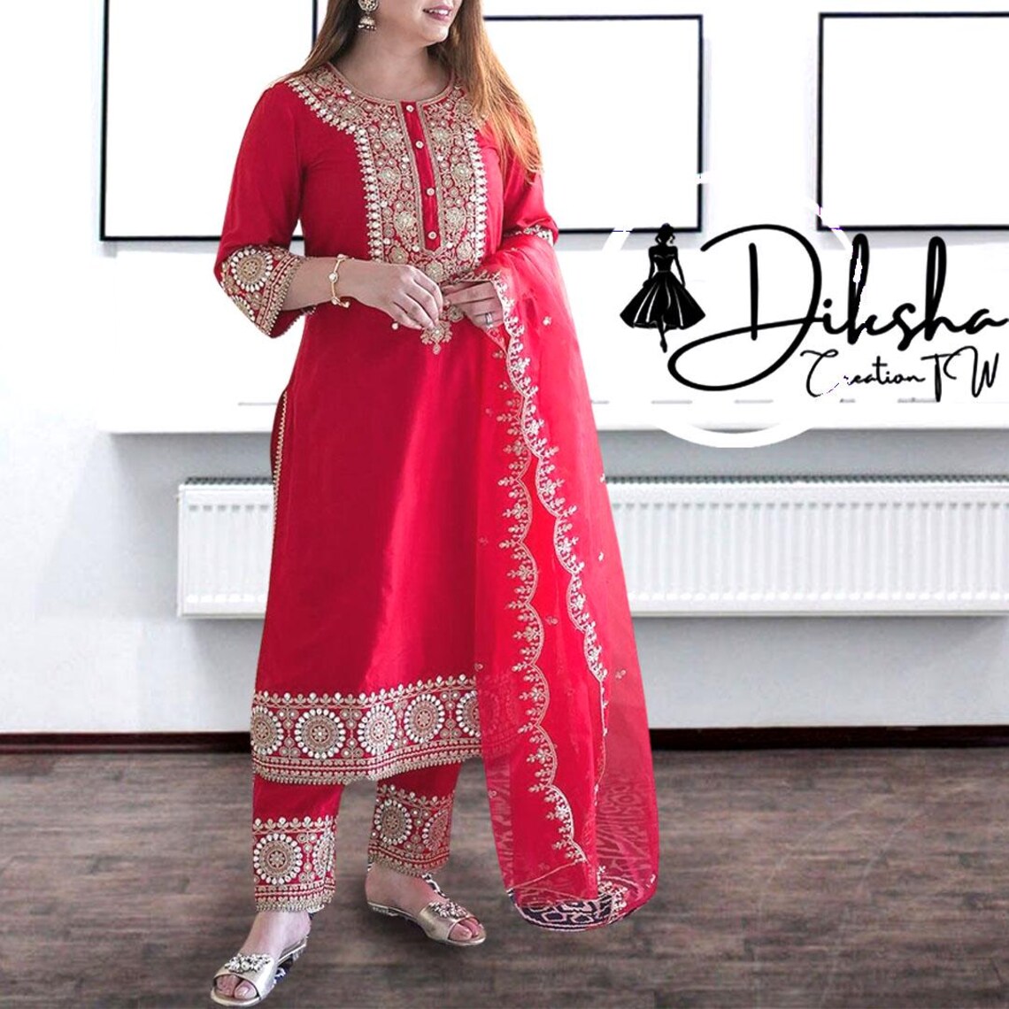 Red Color Embroidered Dress With Long Sleeves, Pakistani 3 Piece Suit ...