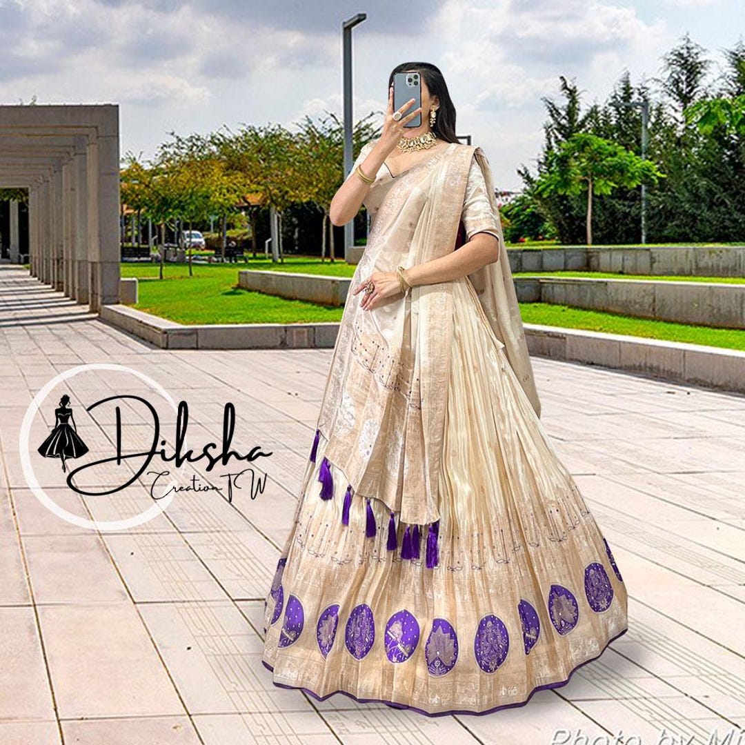 Pure Shimmer With Weaving Work Half Saree Lehenga With Mirror and Beads ...