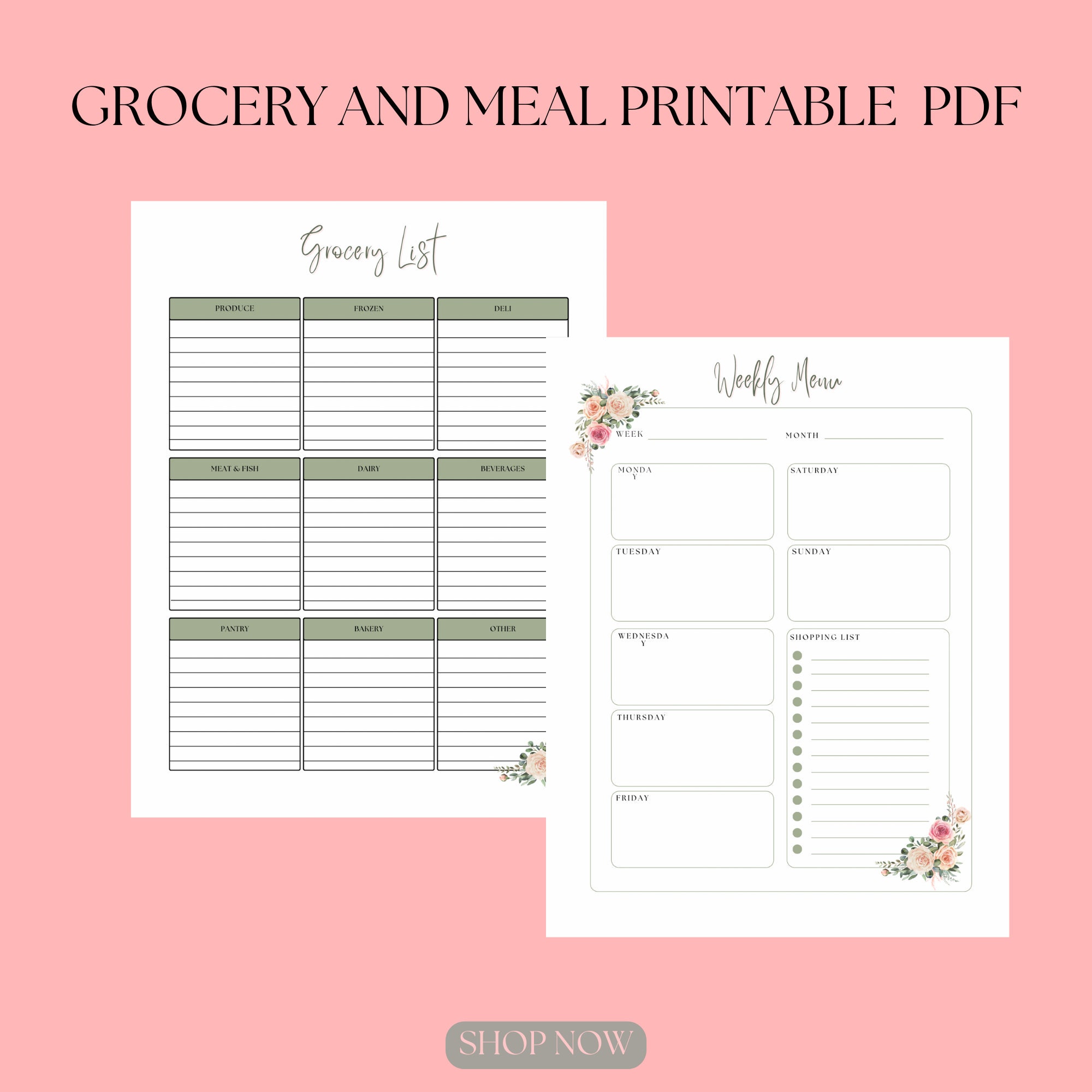 Sage Green Menu Planner & Grocery List Grocery List PDF Meal Planner ...