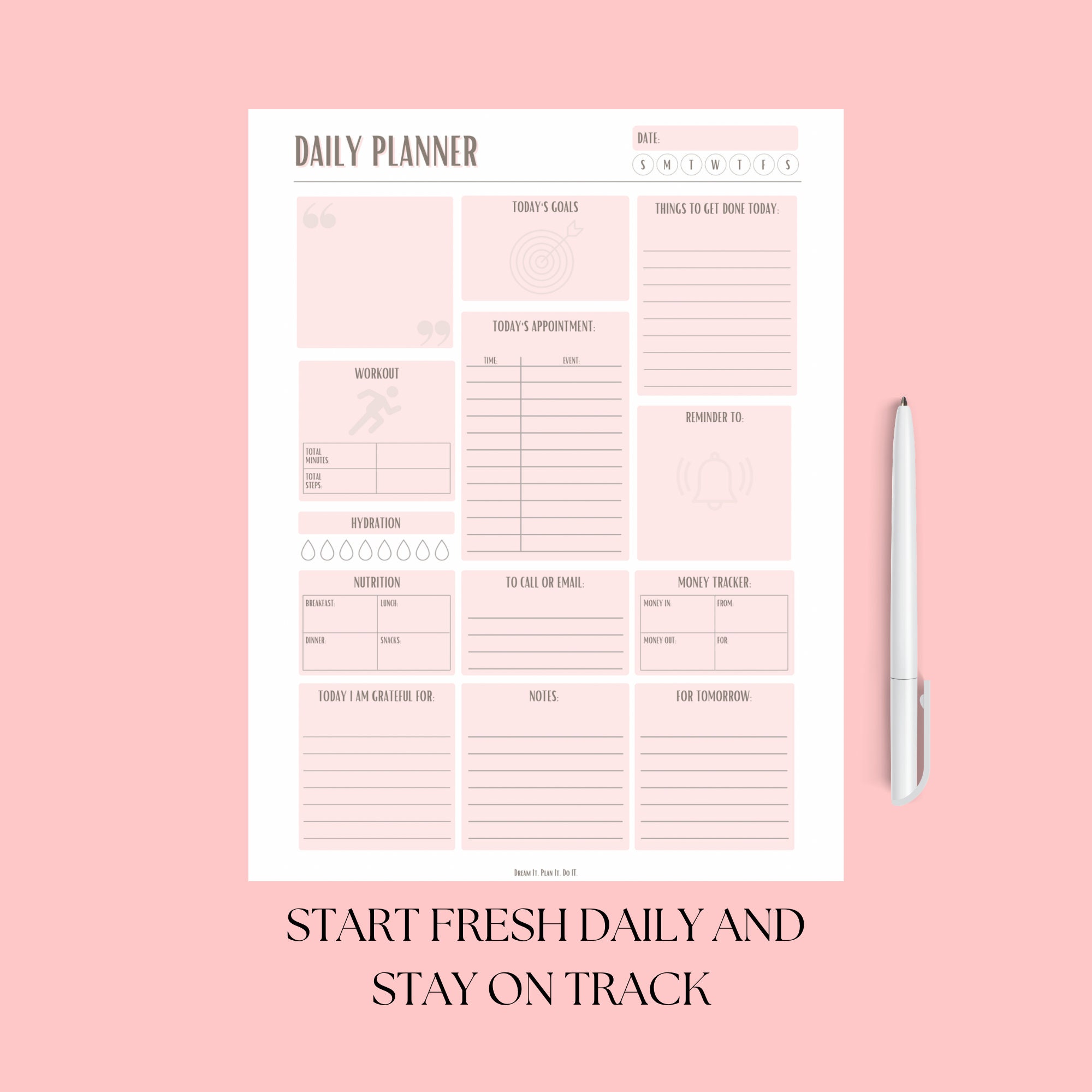 Daily Planner Printable | Pink & Tan | Daily Planner Template | Daily ...