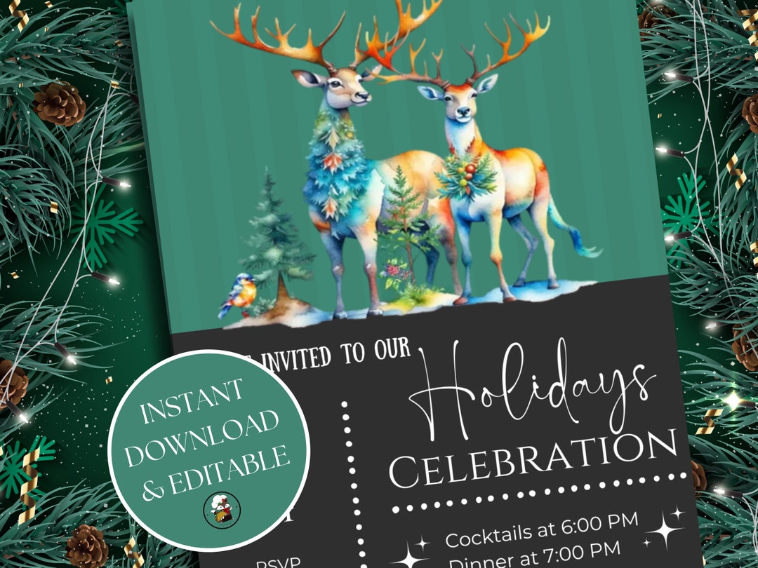 Modern Reindeer Holiday Celebration Invitation Template - Etsy
