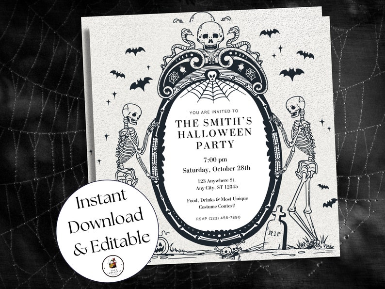 Skeleton Halloween Party Invitation, Spooky Costume Bash Invite - Etsy