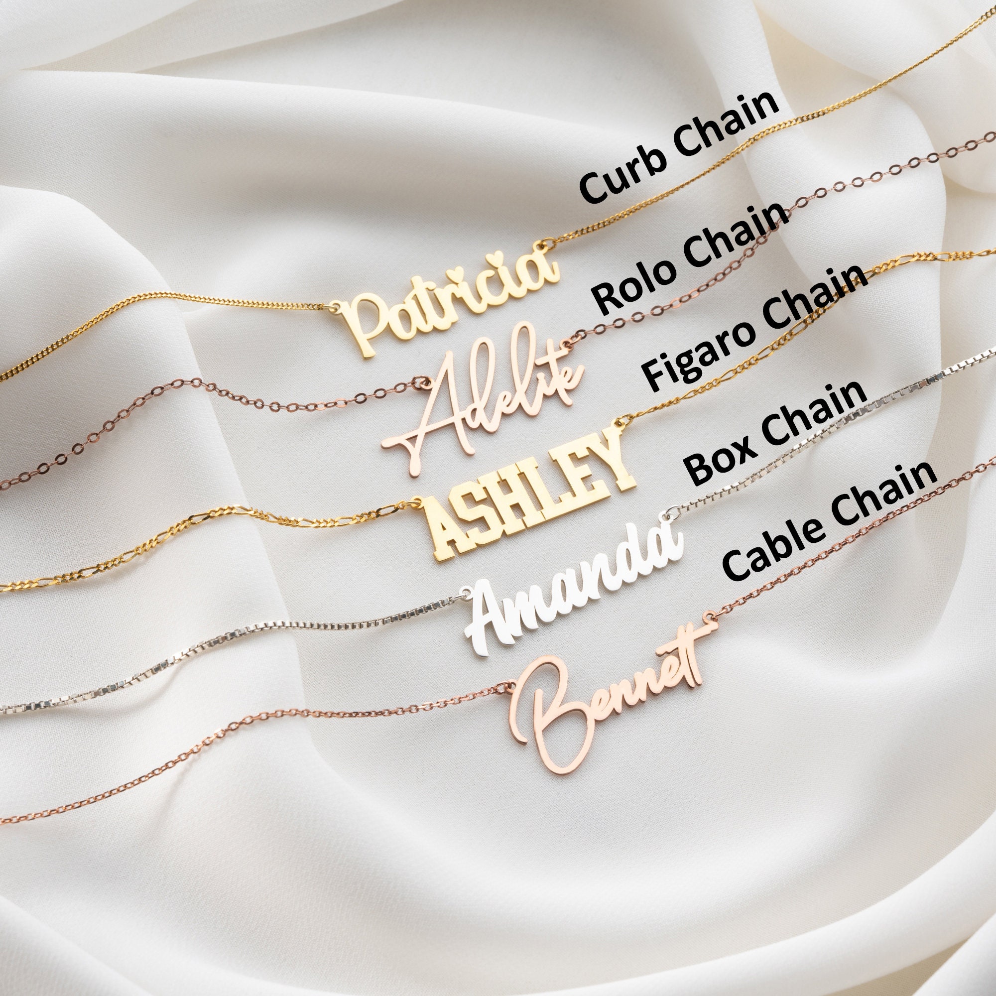 Name Necklace Gold, Name Necklace Figaro, Personalize Gold Name ...