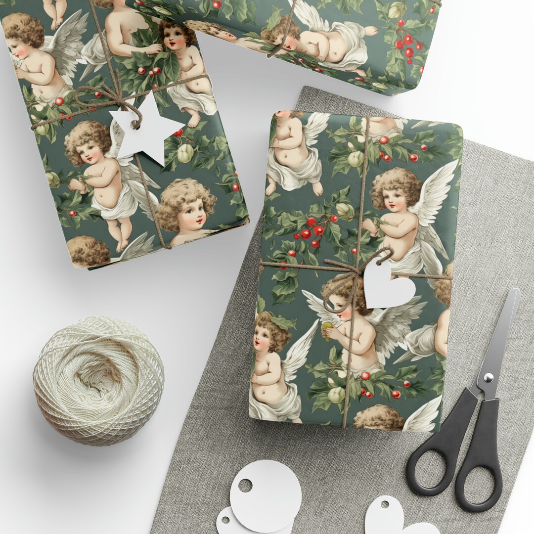 Christmas Wrapping Paper Victorian Style Cherubs Holly - Etsy