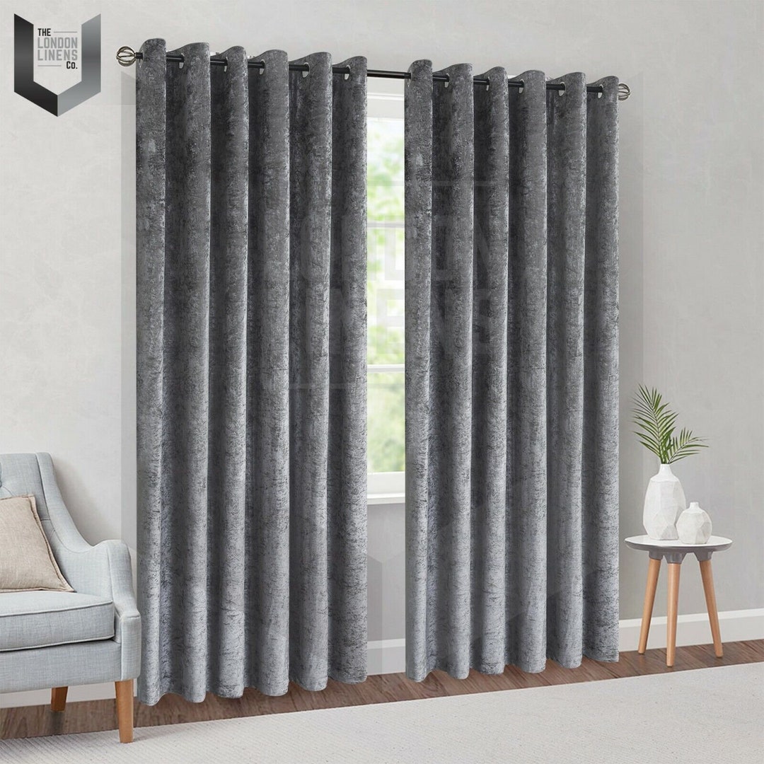 Charcoal Grey Crushed Velvet Curtains Eyelet Ring Top Pair of Fully ...