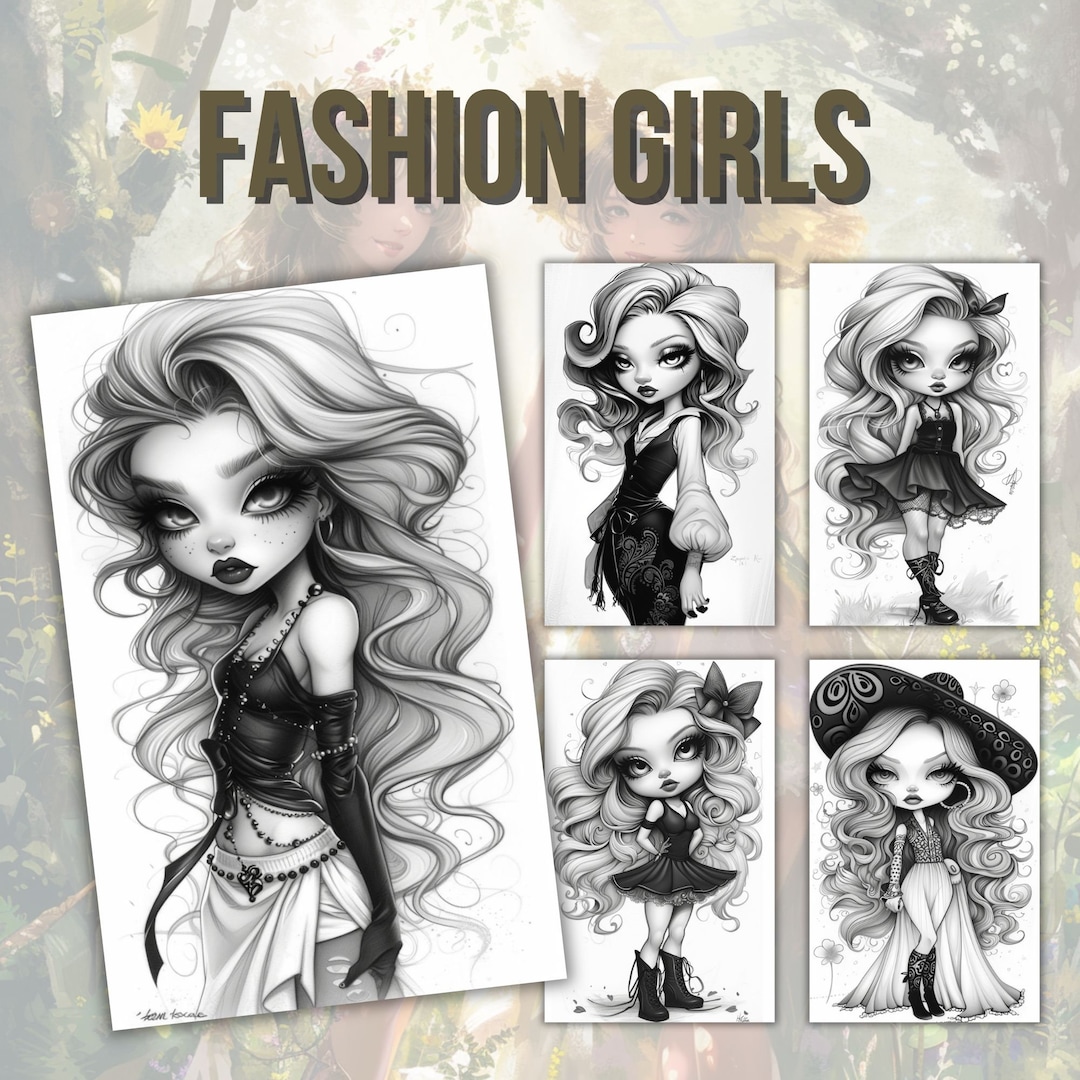 22 Pretty Fashion Girls Coloring Pages, Colouring Book, Grayscale ...