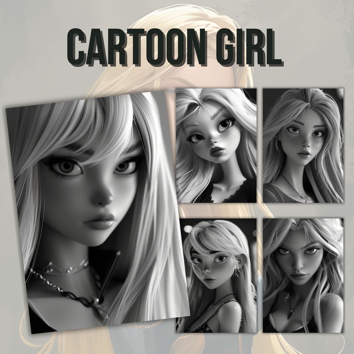19 Grayscale Coloring Pages Cartoon Girl, Cartoon Coloring Book, for ...