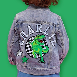Dinosaur Varsity Custom Kids' Denim Jacket | Chenille T-rex Patches | Personalized Denim Jacket ...