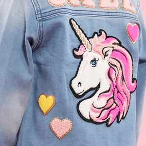 Unicorn Rainbow Custom Kids' Denim Jacket | Chenille Patches | Personalized Denim Jacket - Etsy