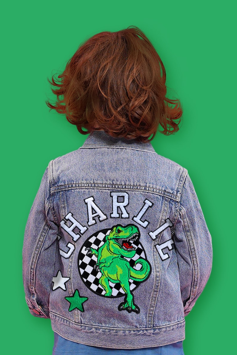 Dinosaur Varsity Custom Kids' Denim Jacket | Chenille T-rex Patches | Personalized Denim Jacket ...