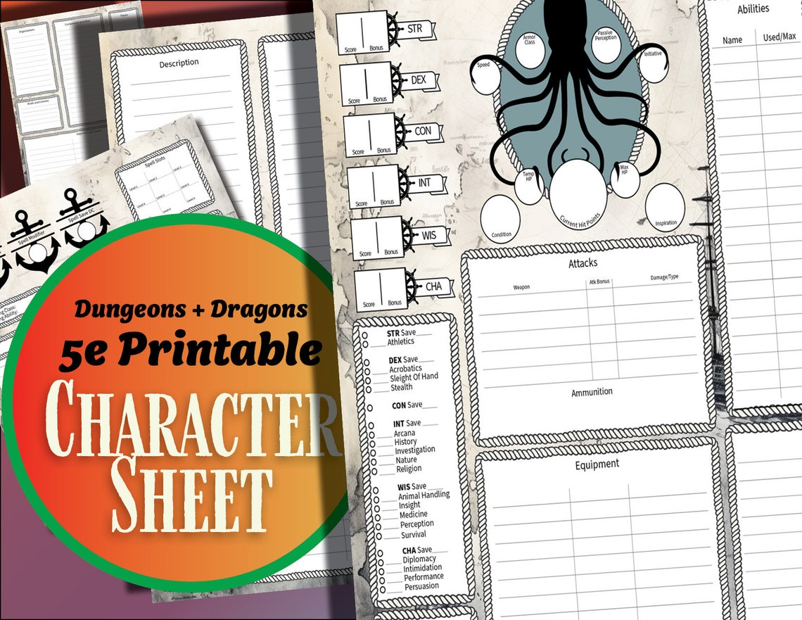 Dnd Character Sheet 5e Printable Accessory - Nautical Pirate Theme - Etsy