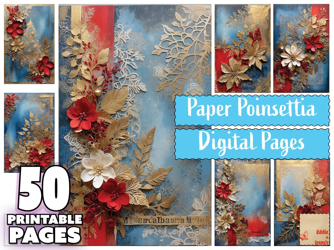 Paper Poinsettia Christmas Digital Page Bundle: Vintage Poinsettias ...