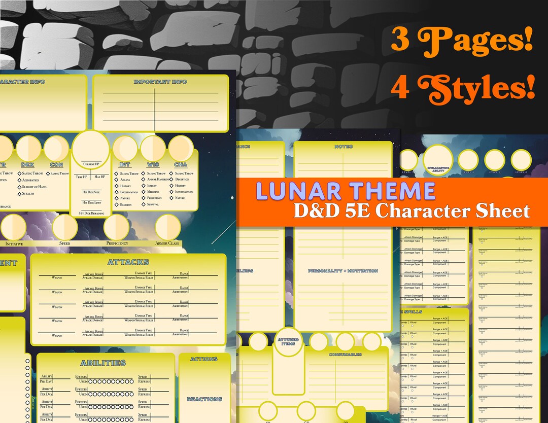 Dnd Character Sheet 5e Printable Accessory Moonlight Theme - Etsy