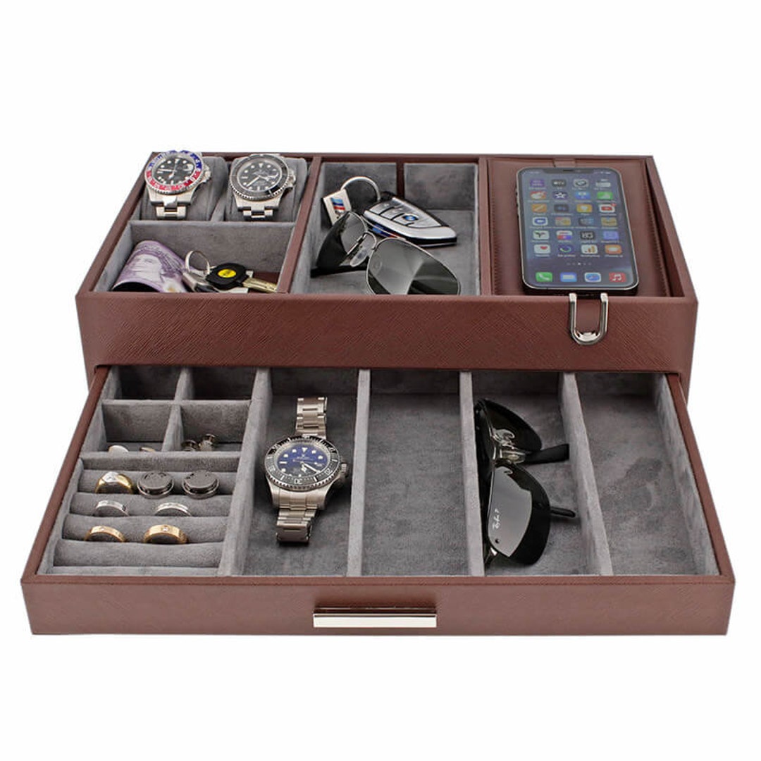 Men's Valet Tray Organiser in Brown Saffiano Leather Finish by Aevitas ...