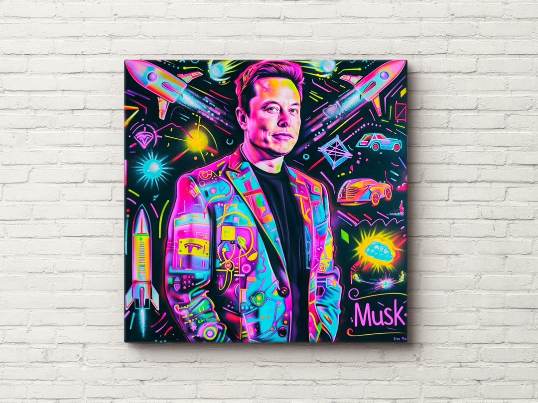 Elon Musk Wall Art, Matte Canvas Print, Neon Pop Art Decor, Futuristic ...