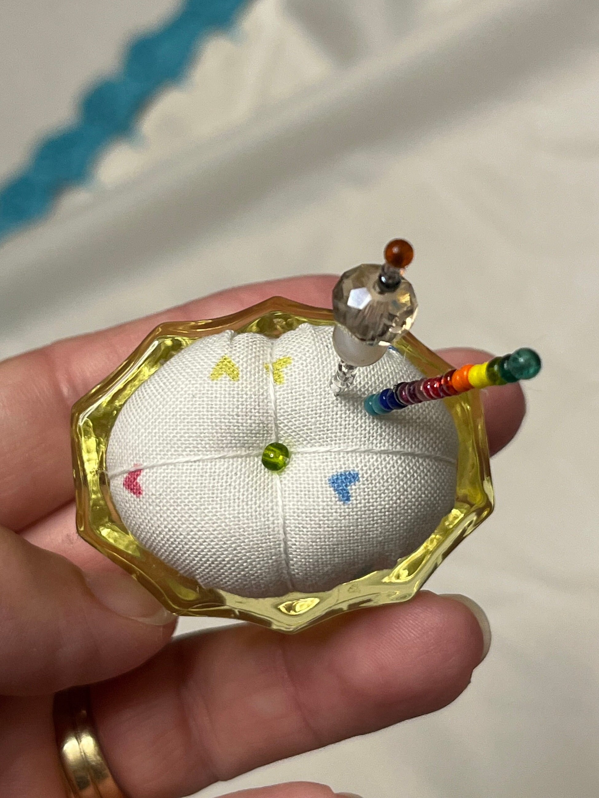 Vintage Uranium Salt Cellar Pin Cushion With Beaded Pins - Etsy