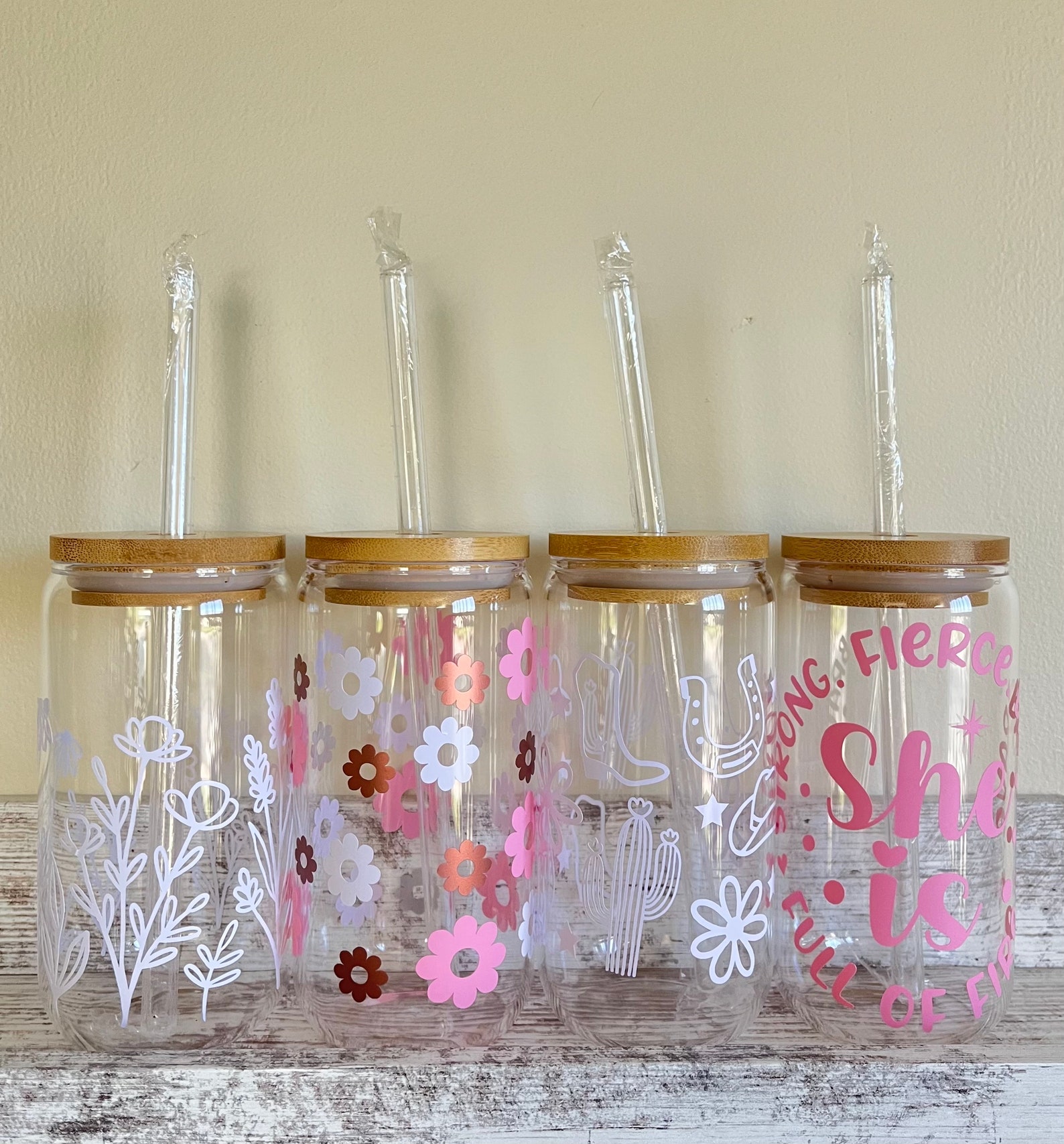 Pink White Glass Cups, Cute Girly Cup, Floral Glass Cup, Cowgirl ...