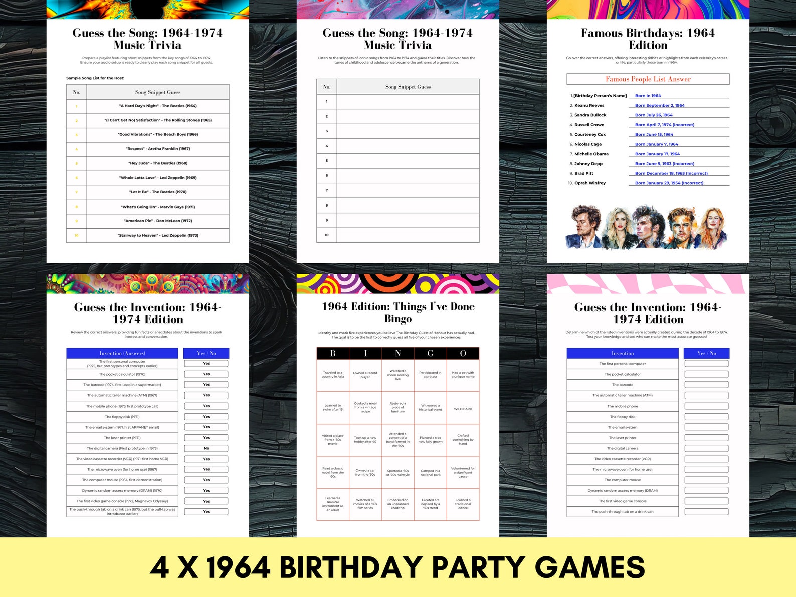 1964 Birthday Party Games Birthday Bingo Guess the Invention Famous ...