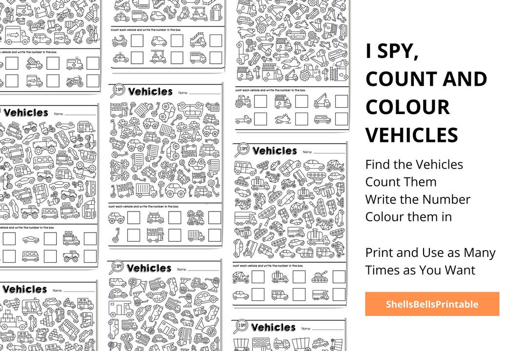 I Spy Vehicles Activity Sheets – Count and Colour (digital Download ...