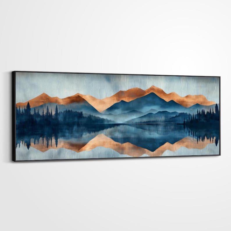 Copper Patina Blue Abstract Mountains Lake Framed Art, Landscape Trees ...