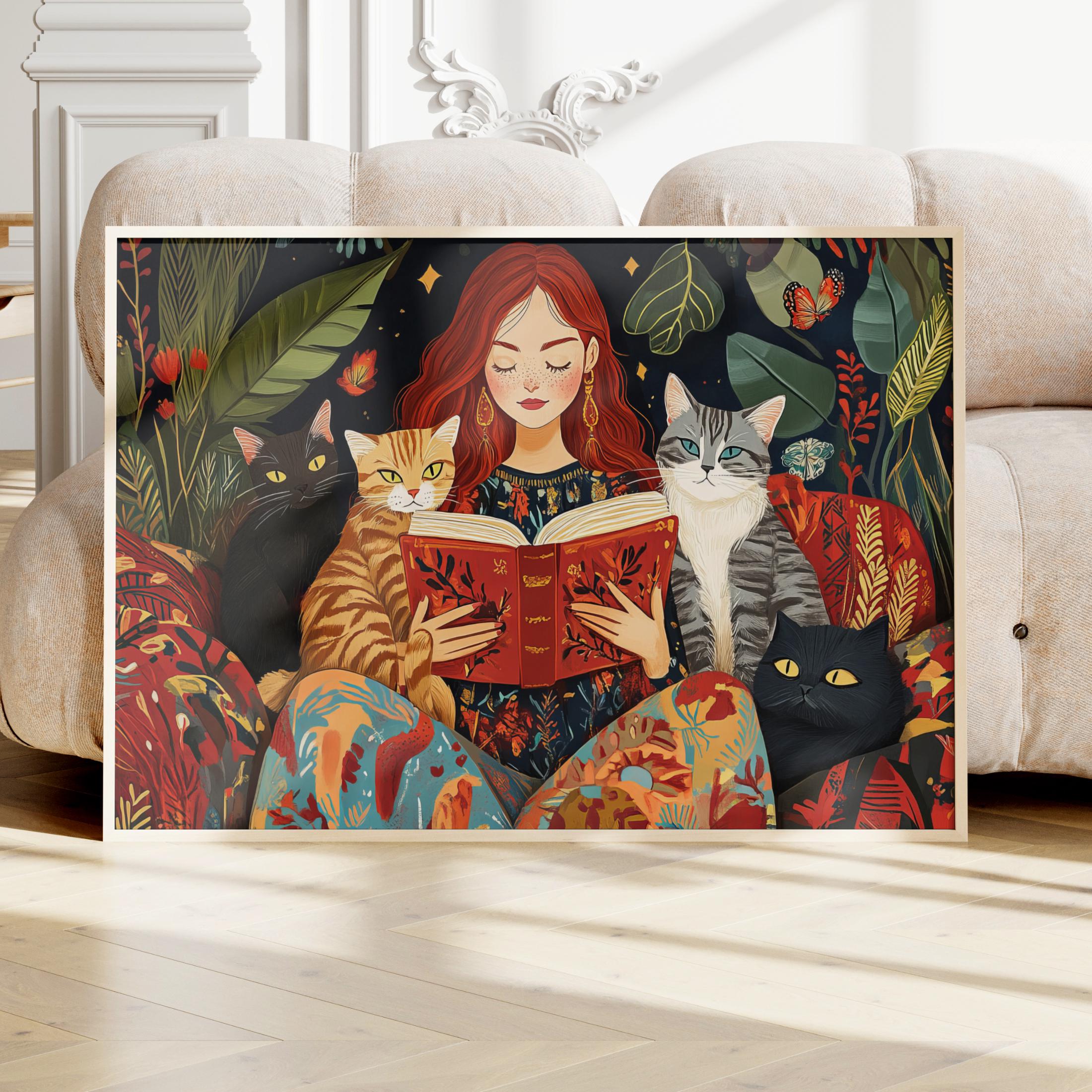 Boho Red Headed Beautiful Woman Reading With Cats Art, Book Lovers ...
