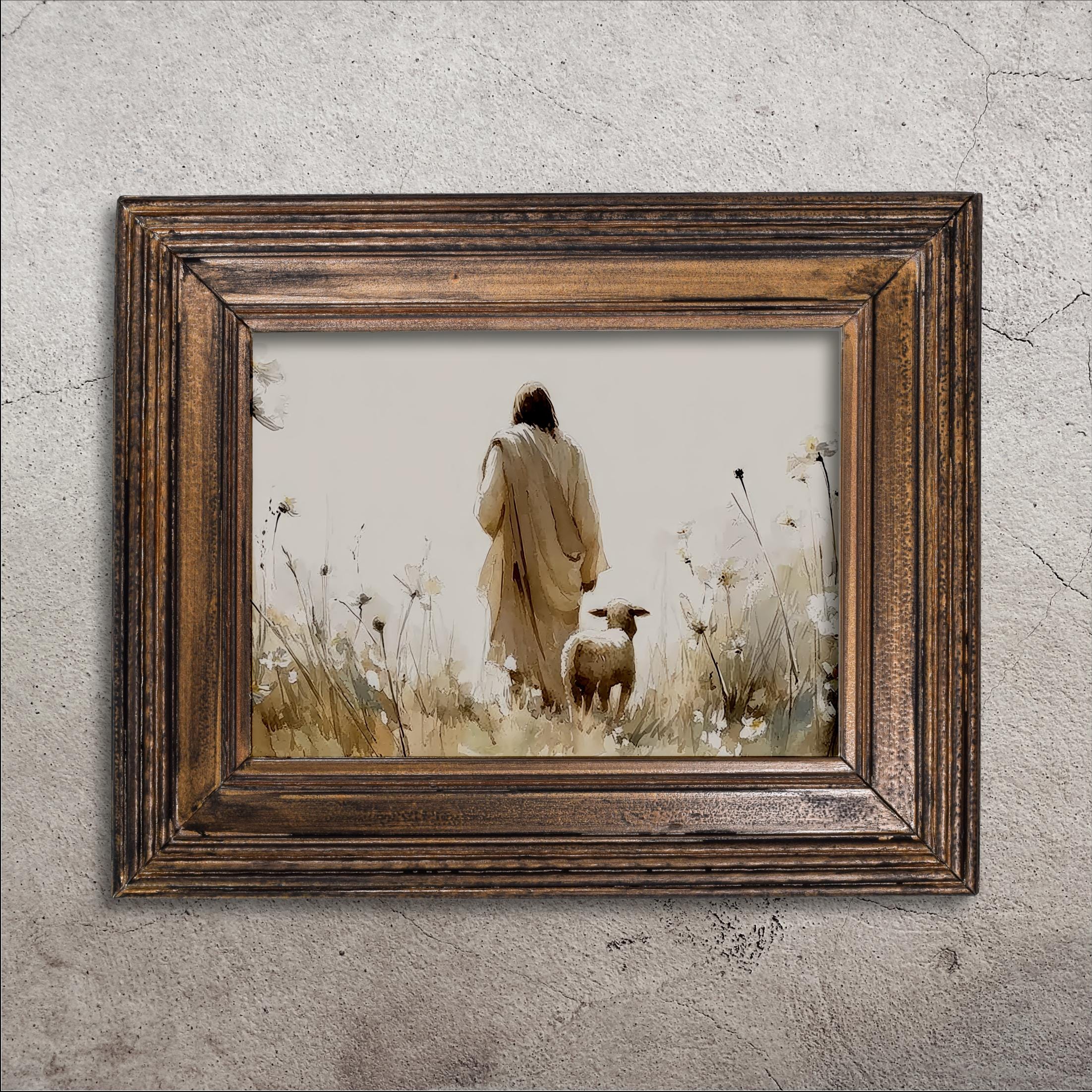 Jesus and Lost Sheep Print: Beige Wildflower Landscape, Religious ...