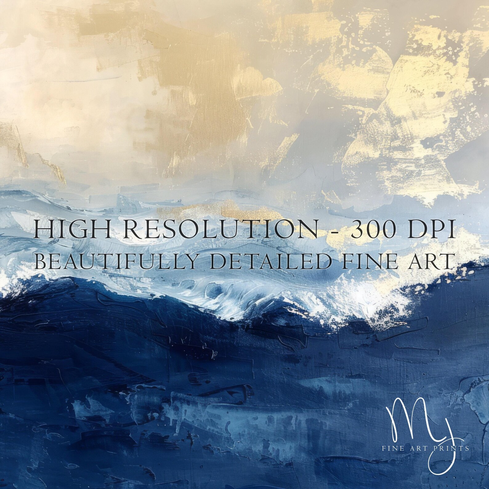 Abstract Navy Blue Gold Ocean Painting Framed Canvas, Seascape Coastal ...