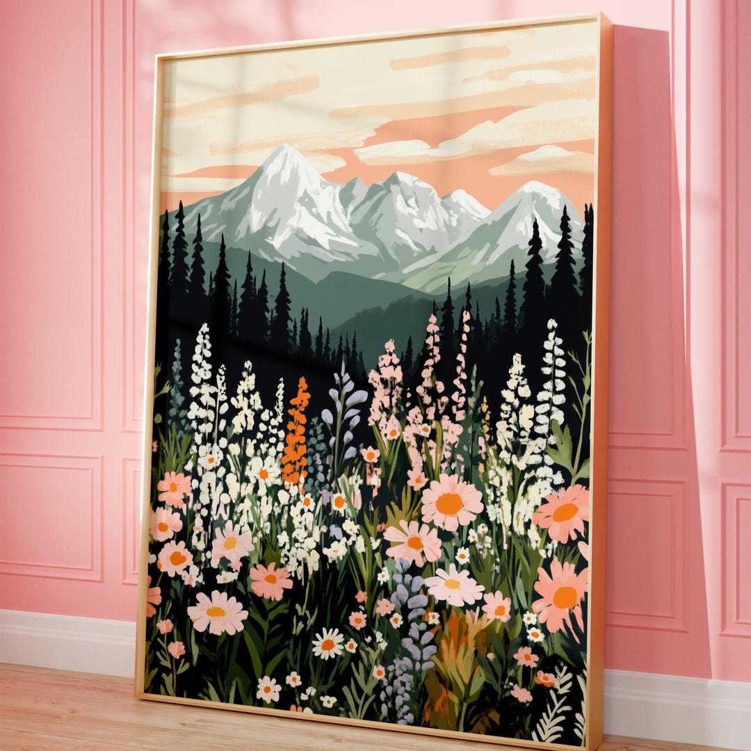 Spring Wildflowers Snowy Mountains, Illustration Art Daisies Pink ...