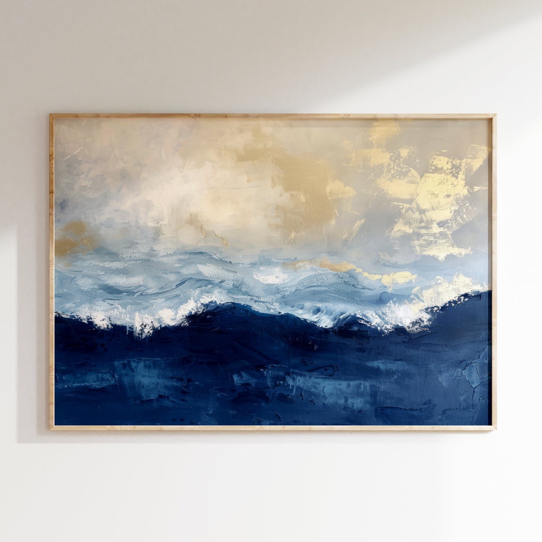 Abstract Navy Blue Gold Ocean Painting Printable Poster, Seascape ...