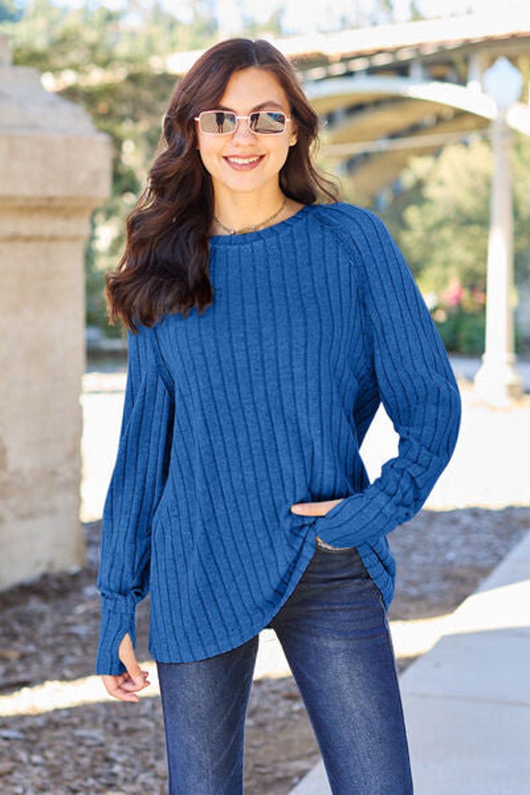 Basic Bae Full Size Ribbed Round Neck Long Sleeve Knit Top - Etsy