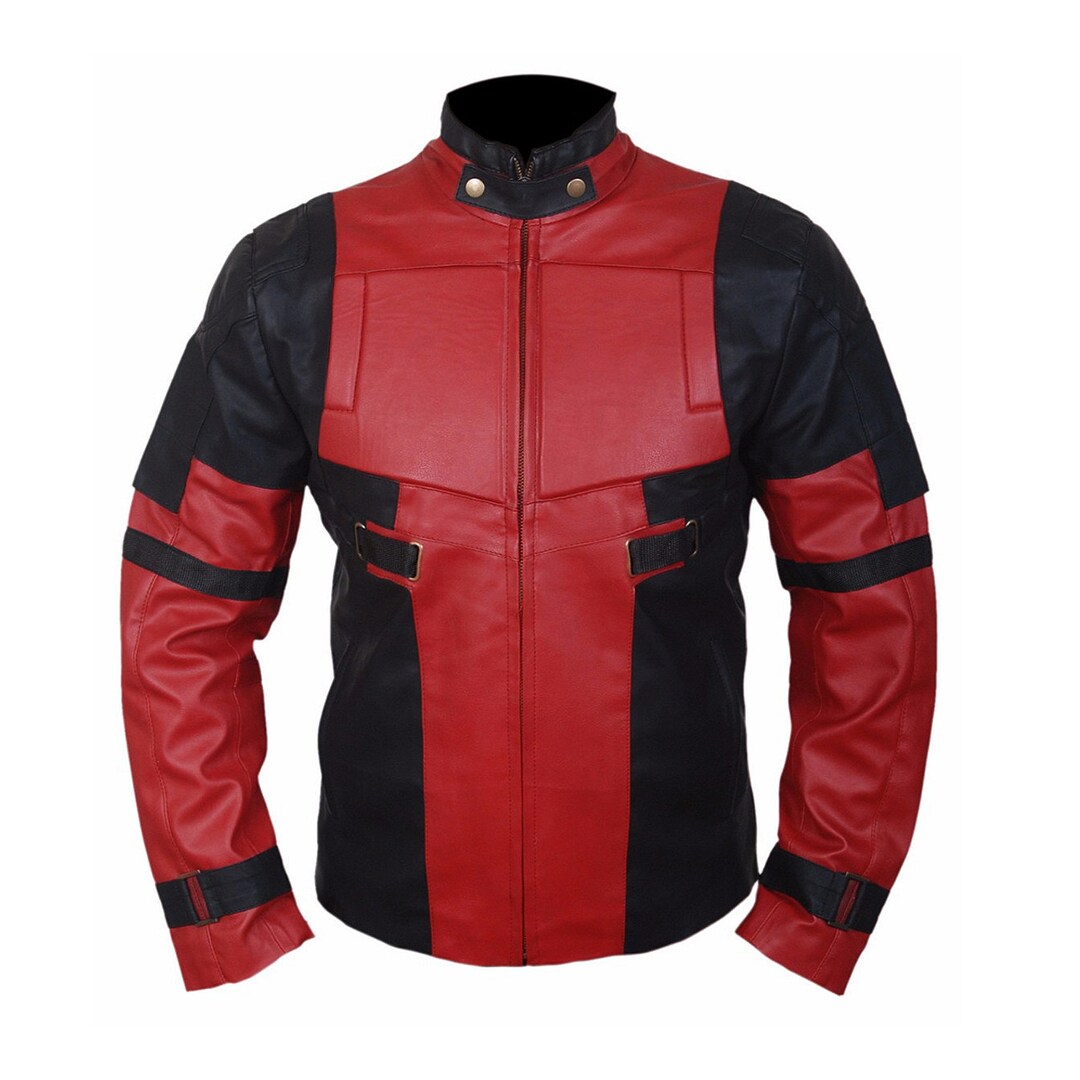 Deadpool Iconic Red and Black Men Leather Jacket With Chest Pads ...