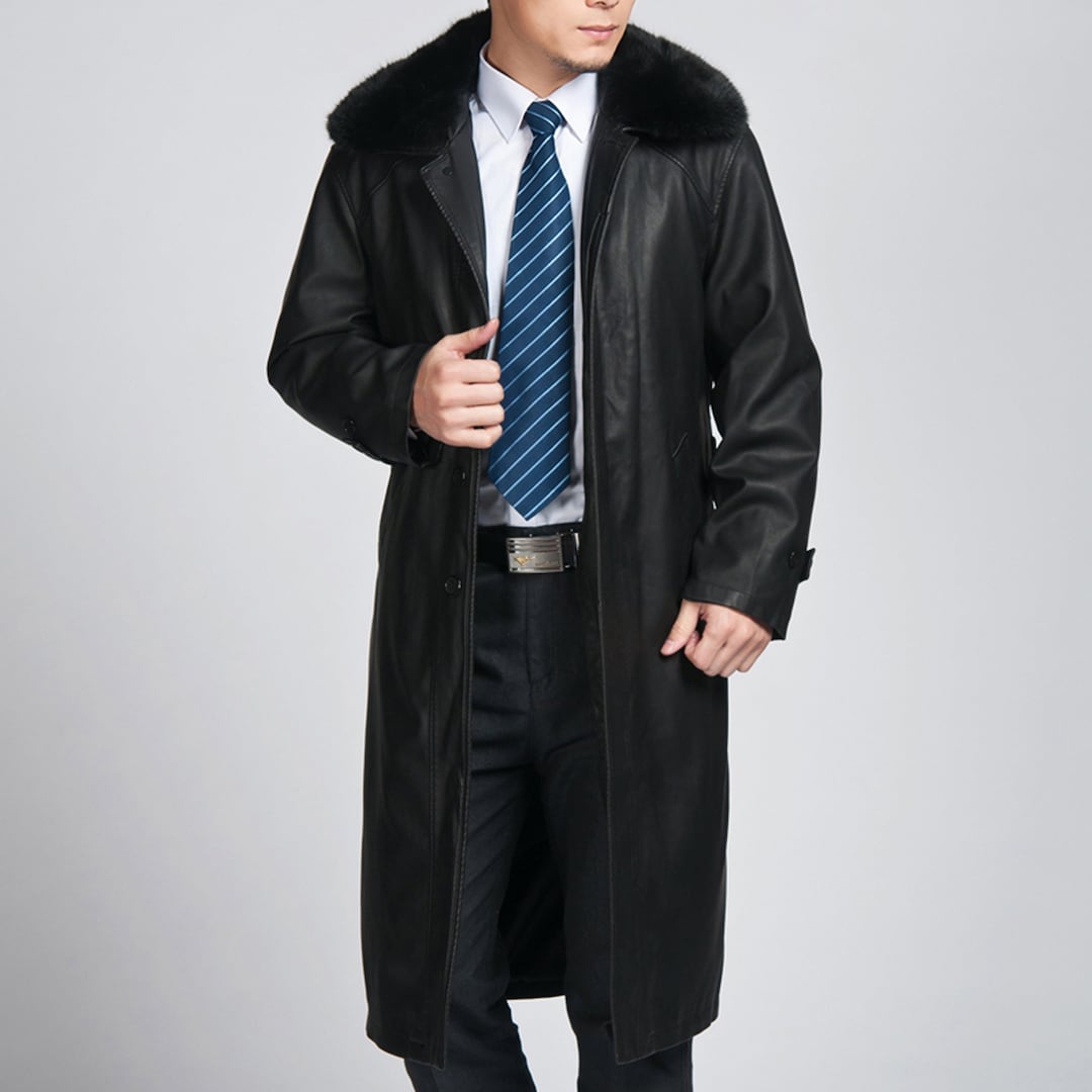 Genuine Cow Leather Men's Fur Collar Long Coat | Genuine Cow Leather ...