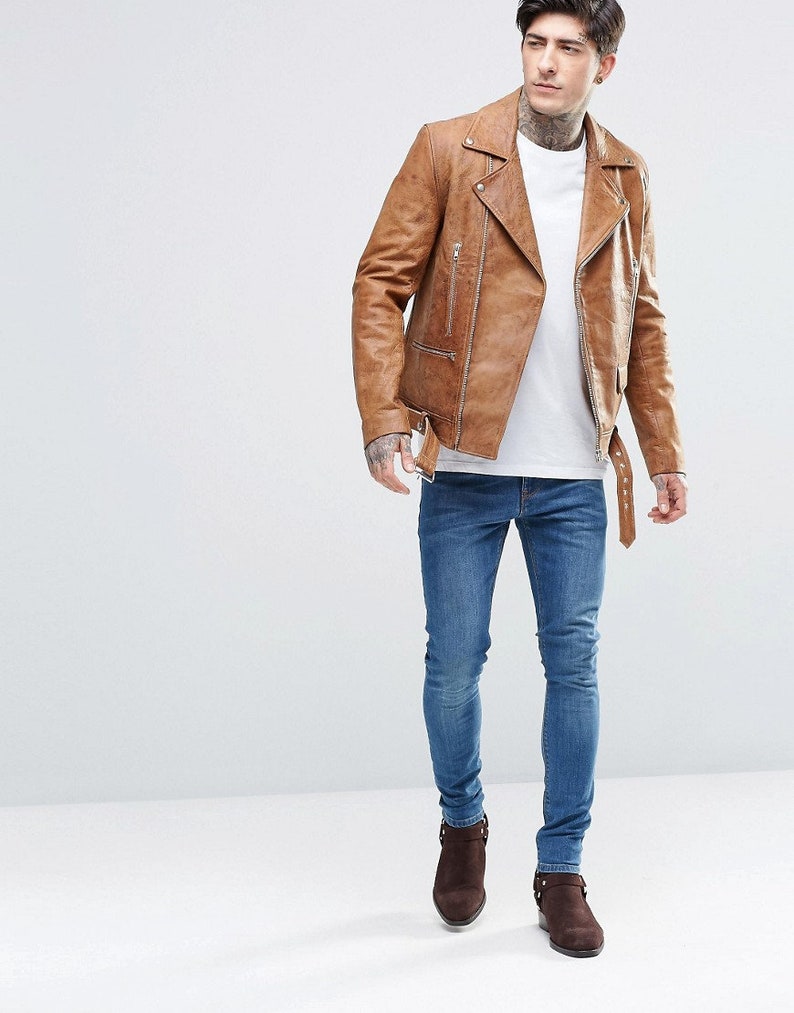 Tan Nubuck Leather Biker Jacket With Belt - Etsy